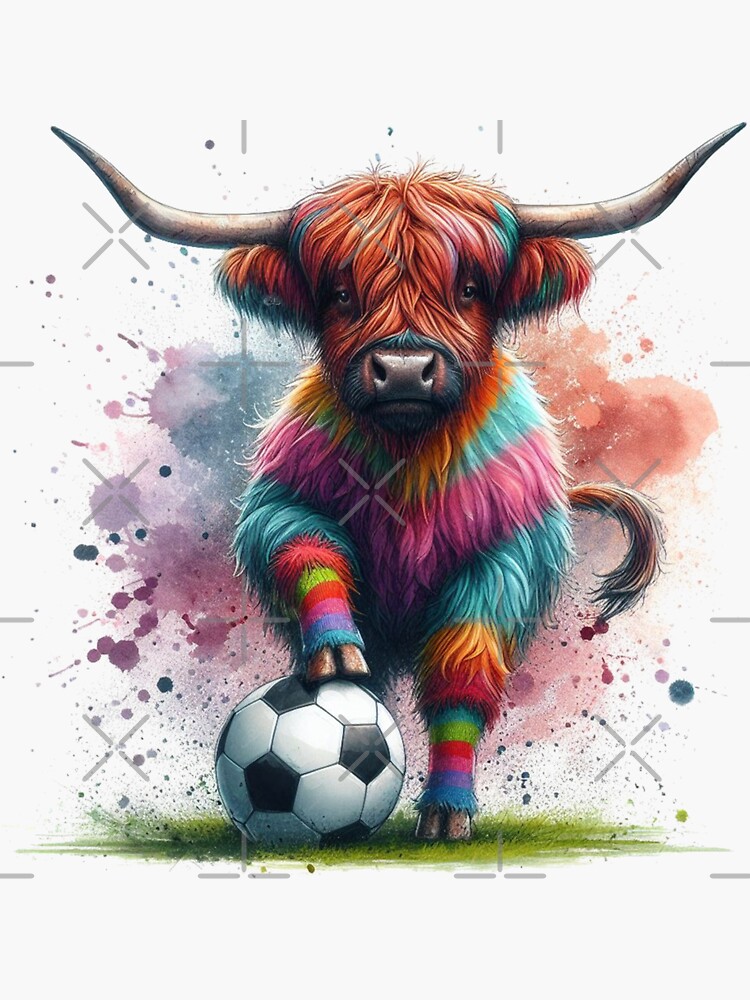 "Scottish Highland Cow Playing Soccer Football Colorful Watercolor ...