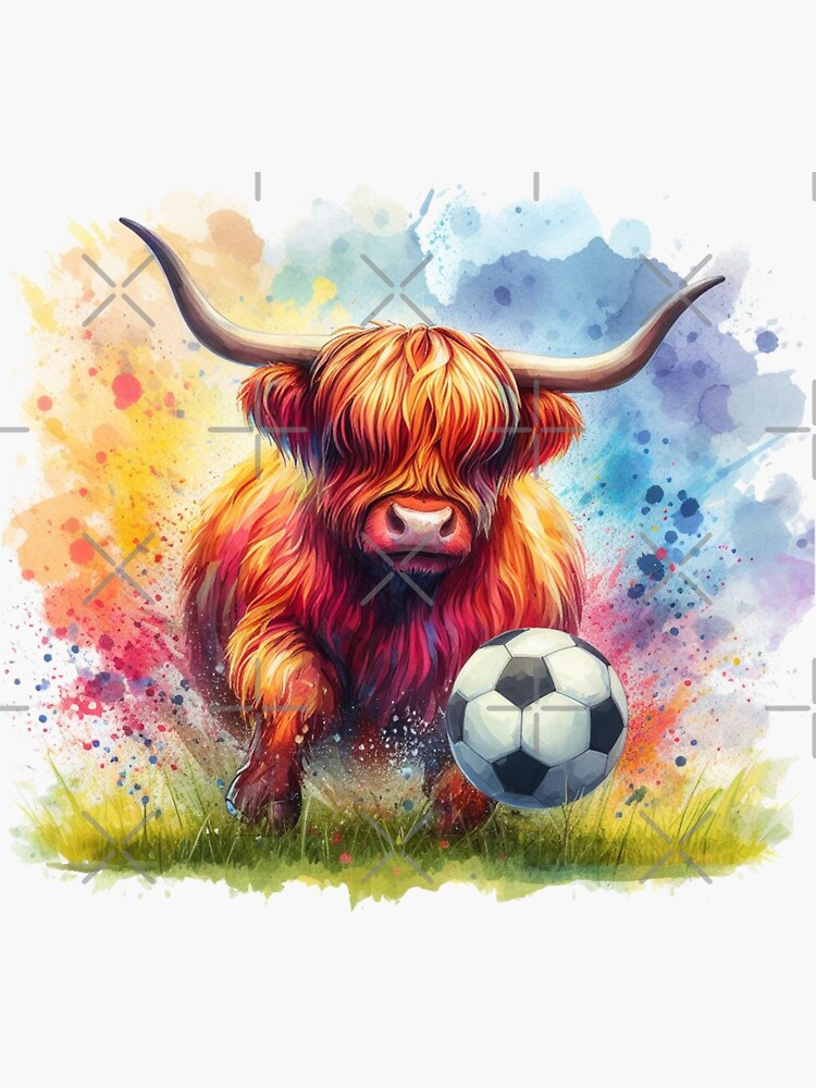 "Scottish Highland Cow Playing Soccer Football Colorful Watercolor ...