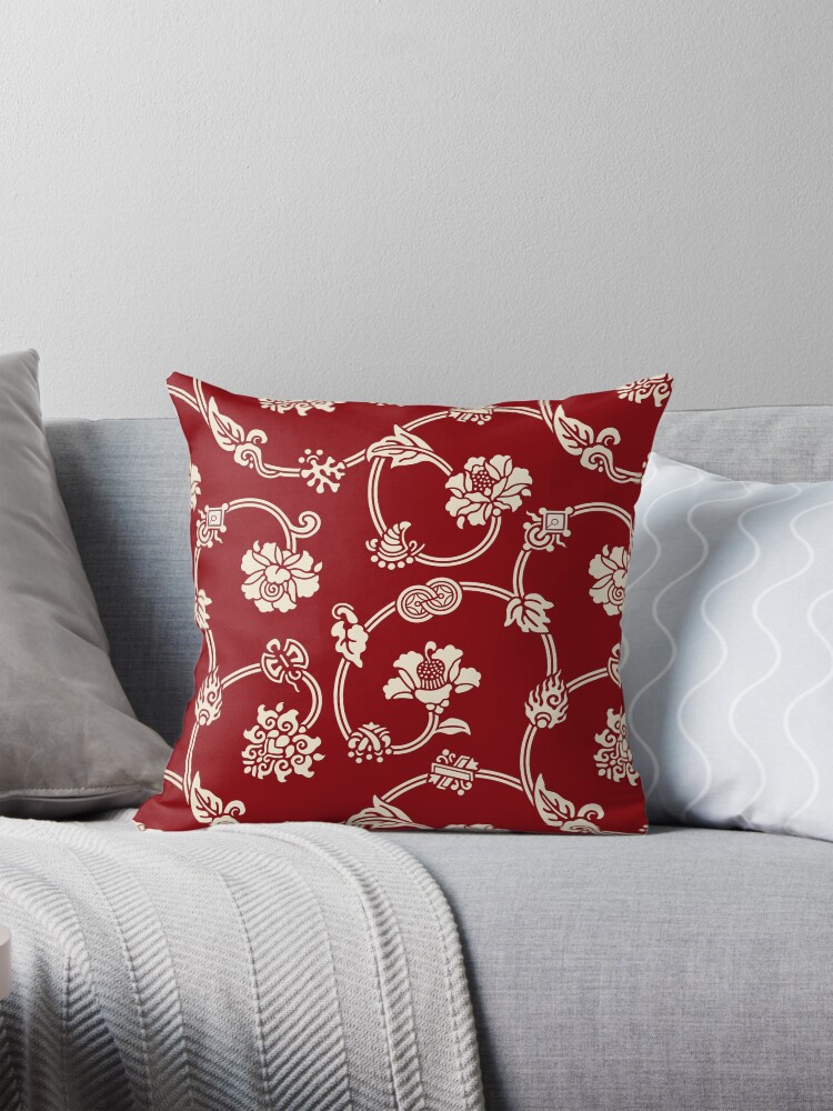 "Flower, Leaf, Branch, and Ancient Coin Red Pattern " Pillow for Sale ...
