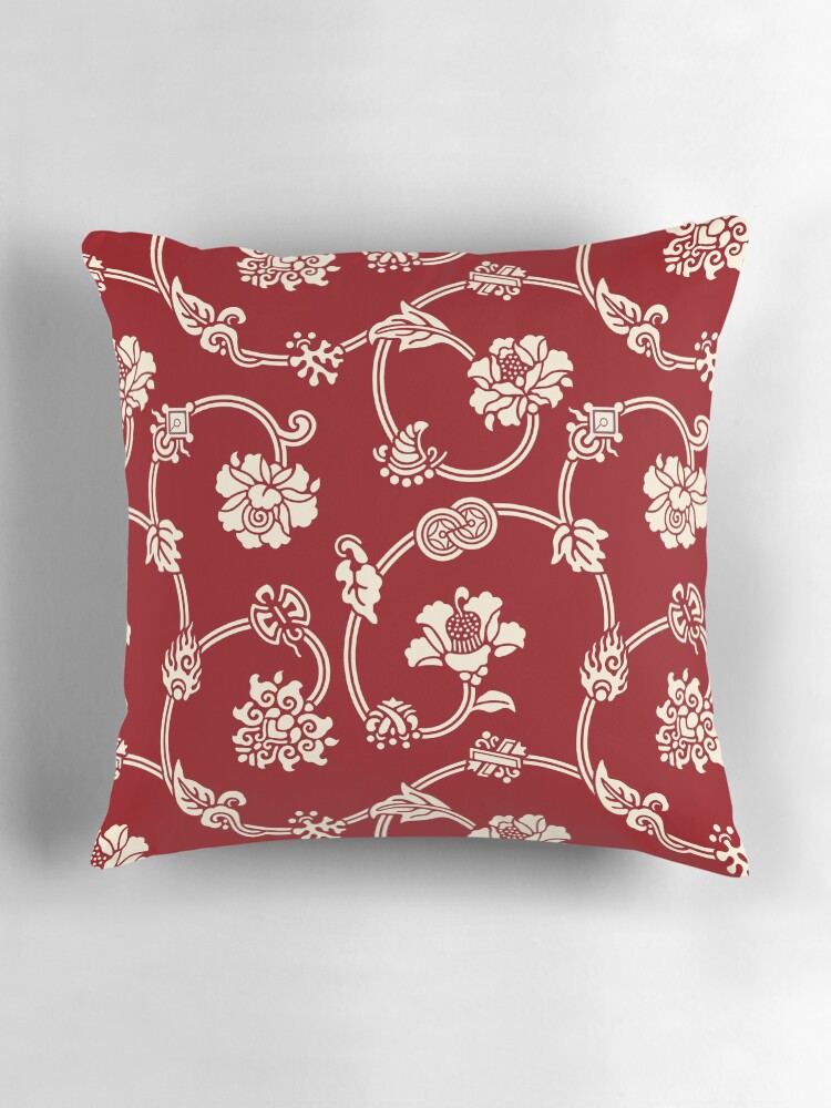 "Flower, Leaf, Branch, and Ancient Coin Red Pattern " Pillow for Sale ...