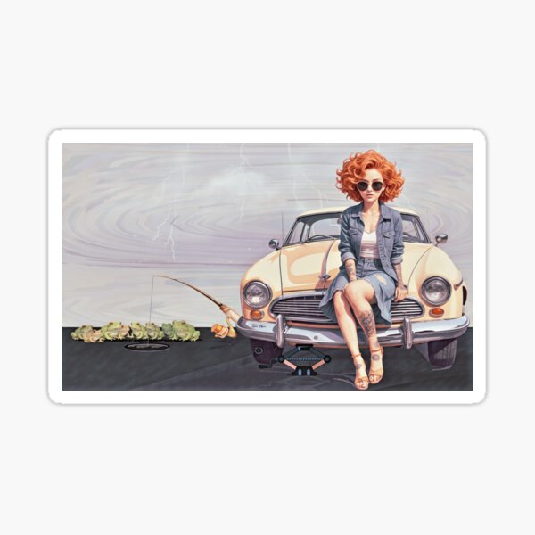 "Retro redhead woman crook fishing rod" Sticker for Sale by hen-c-art ...