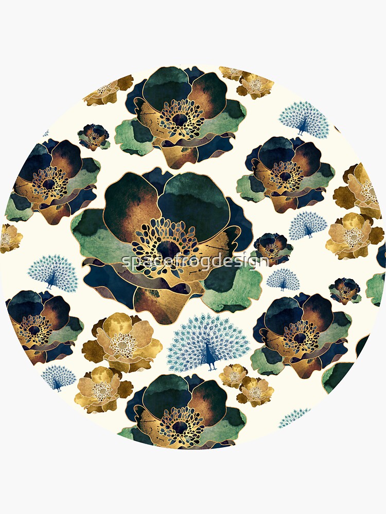 "Indigo Flowers and Peacocks" Sticker for Sale by spacefrogdesign ...