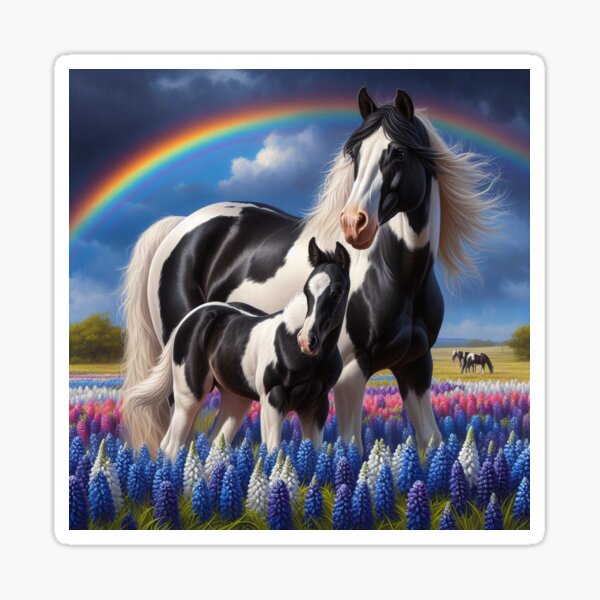 "Gypsy Vanner Mare and Foal: Field of Blue Bonnets" Sticker for Sale by ...