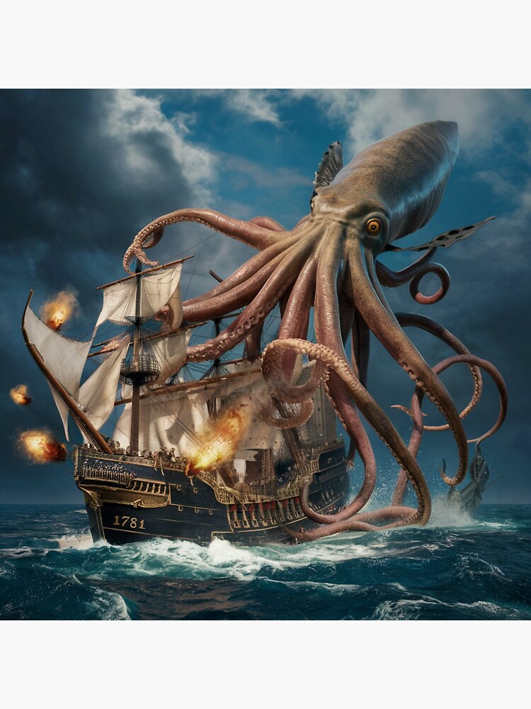 "Colossal squid titan attacking a ship from the year 1781" Sticker by ...