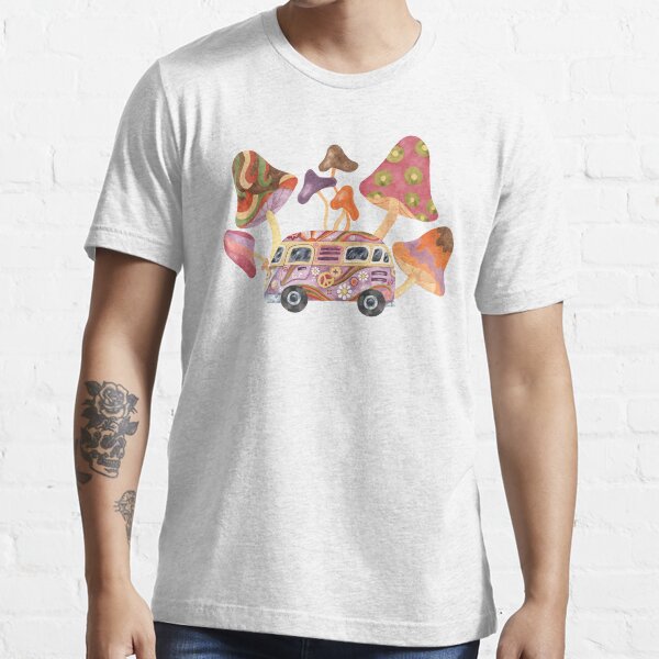 "Retro hippie mushrooms and camper van in 1970s style. Hippie minivan ...