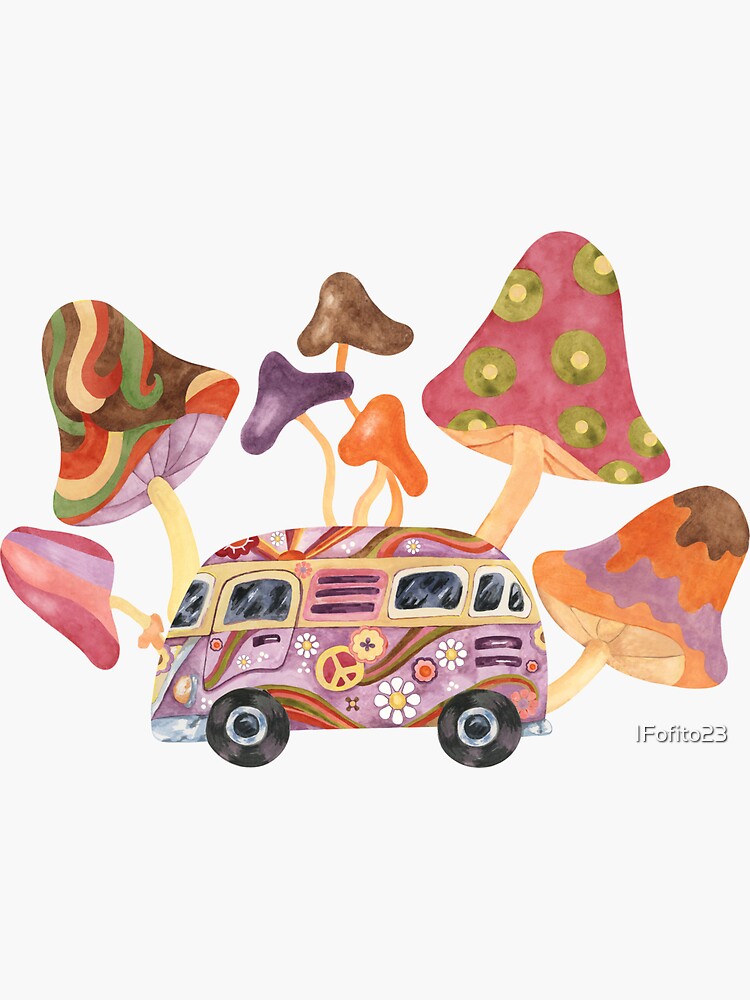 "Retro hippie mushrooms and camper van in 1970s style. Hippie minivan ...