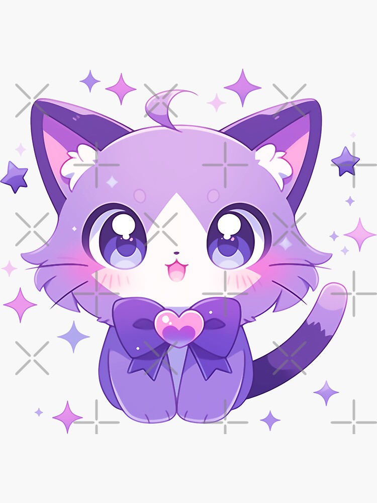 "Cute Kawaii Smiling Cat Pink and Purple Kitten with Stars" Sticker for ...