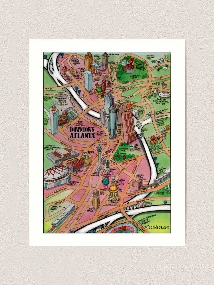 "Downtown Atlanta Georgia Cartoon Map" Art Print by kevinmiddleton ...
