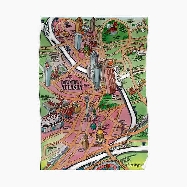 "Downtown Atlanta Georgia Cartoon Map" Poster for Sale by ...
