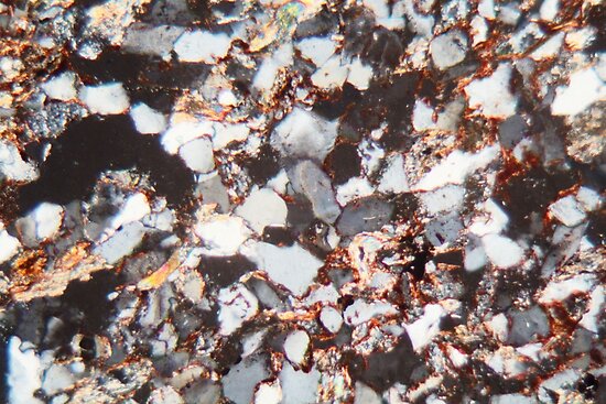 "Thin section of a fine grained sandstone under the microscope and in ...