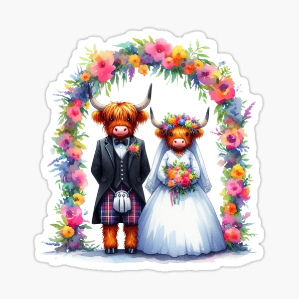 "Bride and Groom Highland Cows on Wedding Day Colorful Watercolor ...