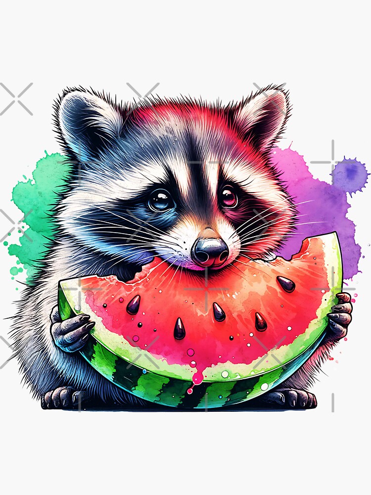 "Watercolor Raccoon Eating Watermelon" Sticker for Sale by TheAnimalZ00 ...