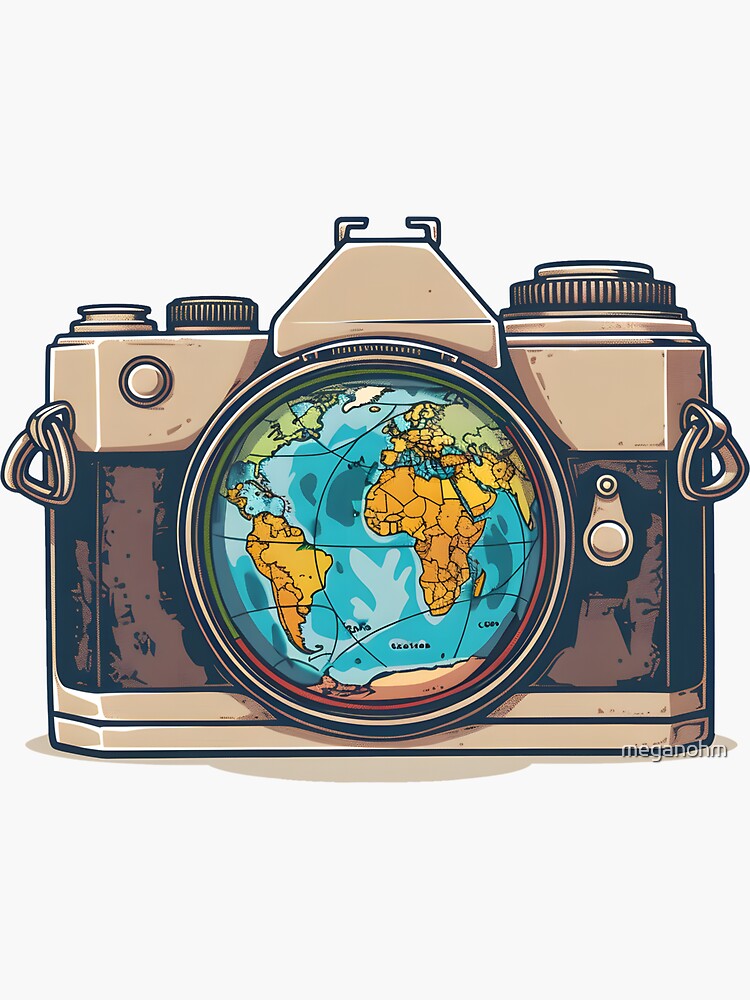 "Brown Vintage Camera World Map Lens Illustration" Sticker for Sale by ...