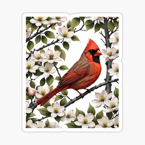"Red Cardinal Bird Surrounded By Flowering Dogwood" Sticker for Sale by ...