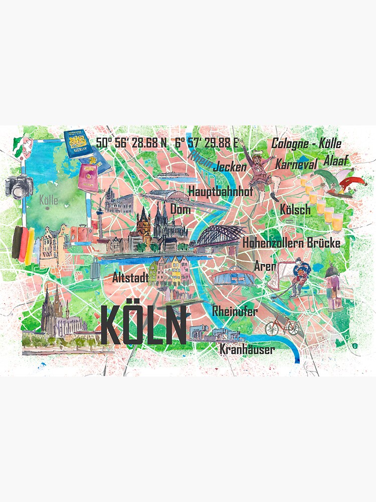 "Cologne Germany Köln Illustrated Map with Roads and Tourist Highlights ...