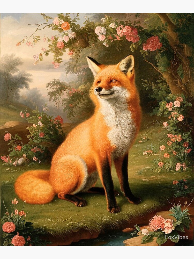 "Fox Portrait. Spring fox, spring season, floral fox, vintage fox, fox ...