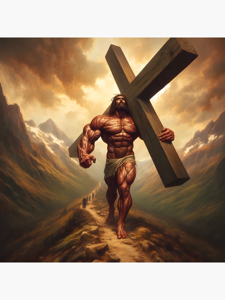 "Muscular Jesus Carrying Cross" Sticker for Sale by THC-Conspiracy ...