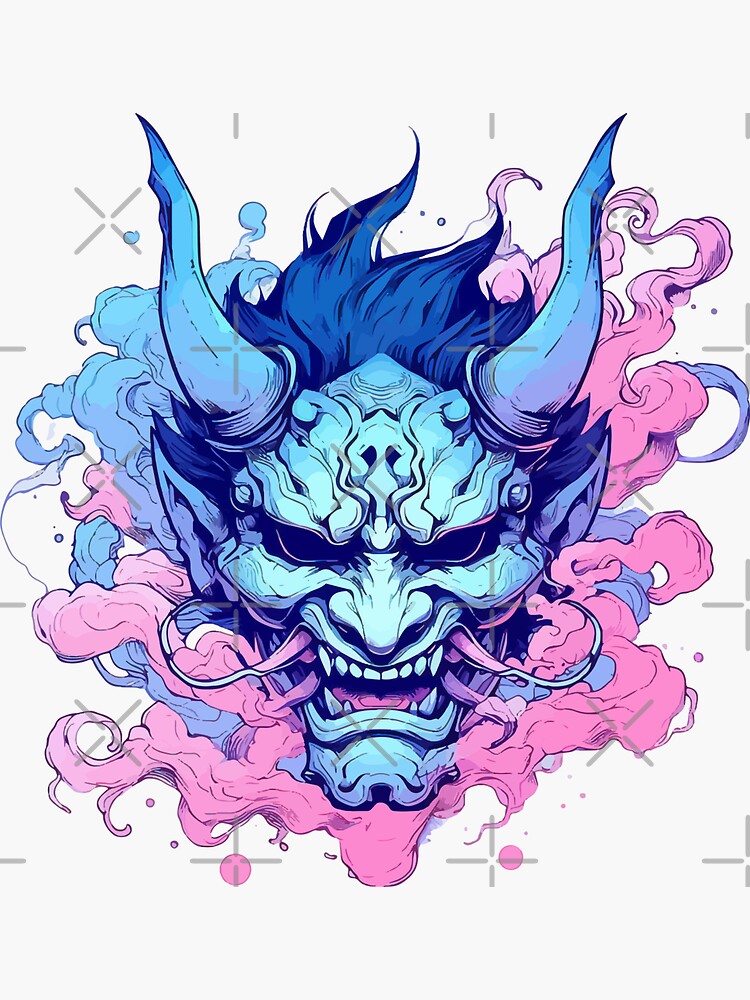 "Oni Demon Samurai Hannya Ogre Pink Blue" Sticker for Sale by ...