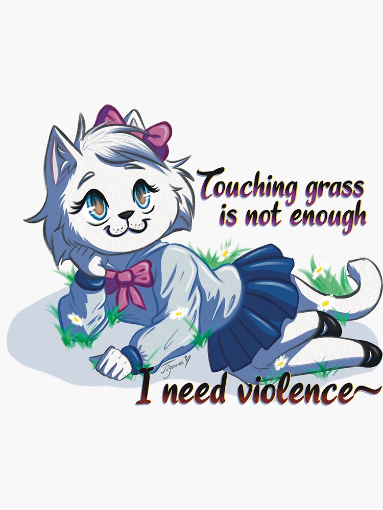 "Cute chibi cat girl laying on grass - "Touching grass"" Sticker for ...