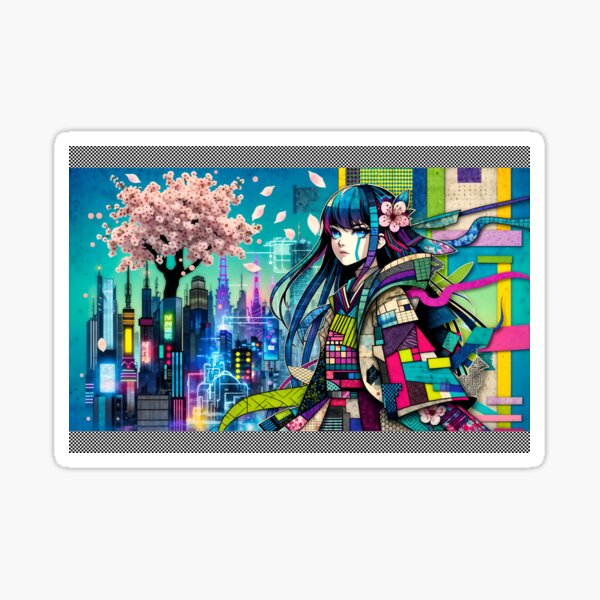 "Anime Girl with Cherry Blossom Tree in Cyberpunk City Collage Style ...