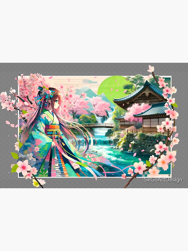 "Anime Girl in Cherry Blossom Garden - Vibrant Japanese Collage Art ...
