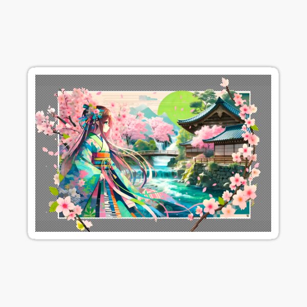 "Anime Girl in Cherry Blossom Garden - Vibrant Japanese Collage Art ...
