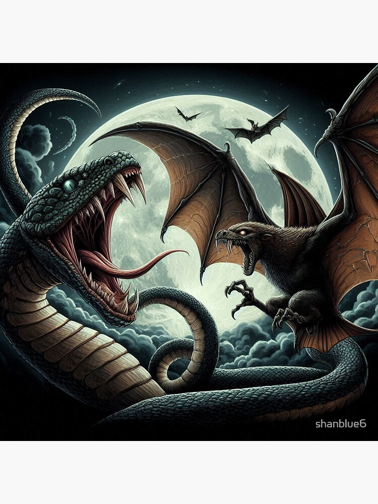 "Snarling Snake and Bat with a Full Moon Background AI Art" Sticker for ...