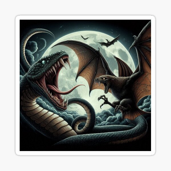 "Snarling Snake and Bat with a Full Moon Background AI Art" Sticker for ...