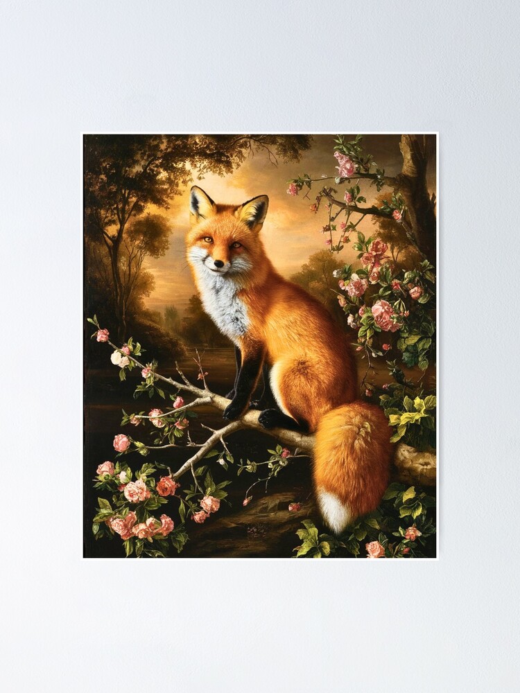 "Fox Portrait. Spring fox, floral fox, vintage fox, fox painting ...