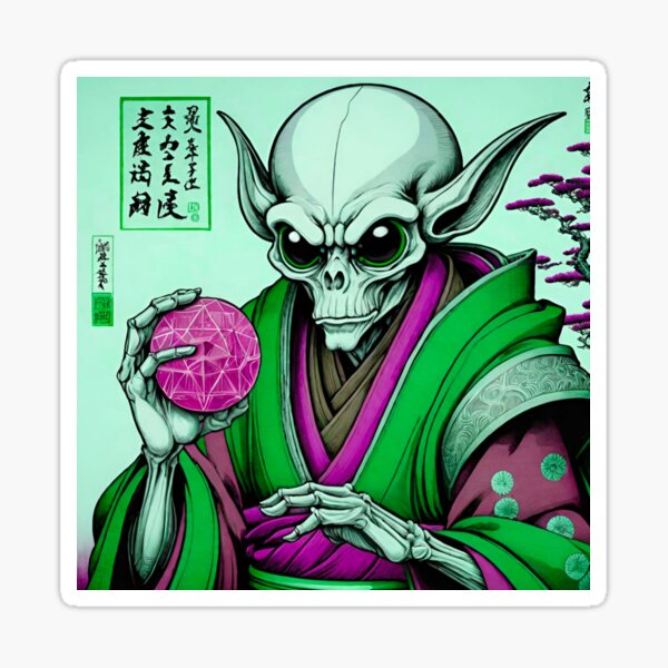 "Ancient Japanese Alien Holding a Mysterious Purple Object" Sticker for ...