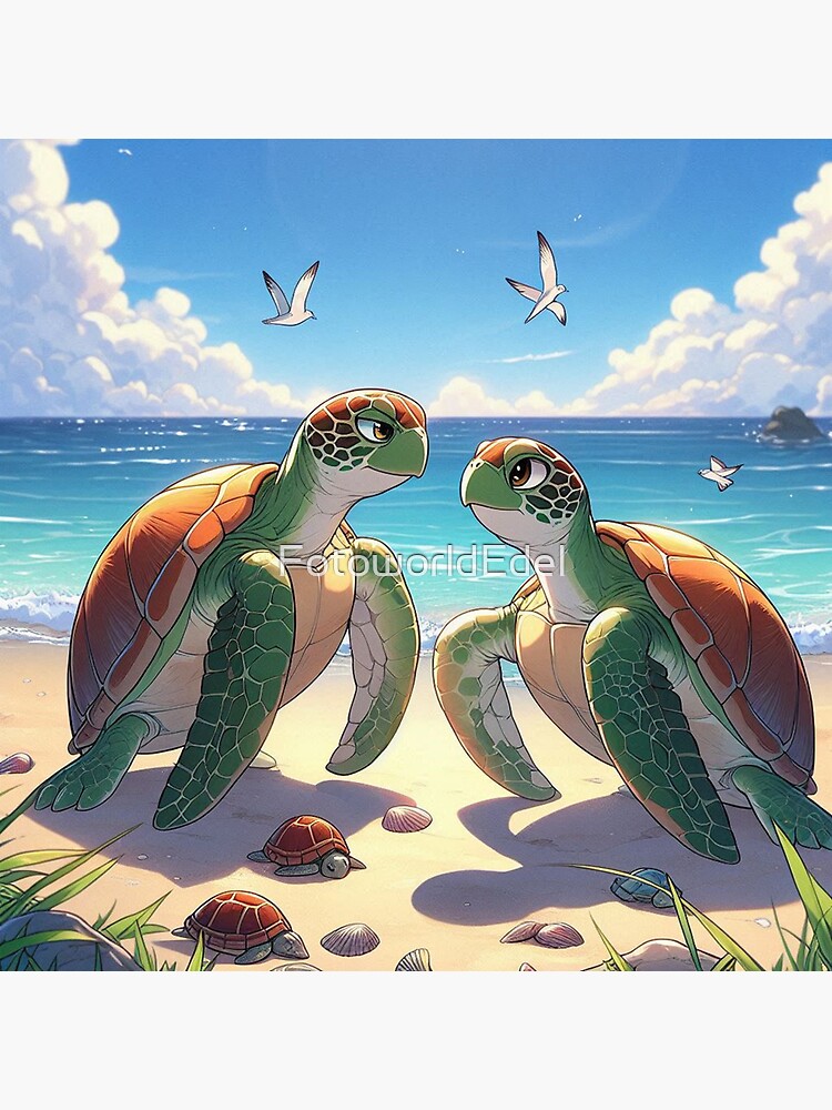 "Anime-style beach romance: turtles show how true love is!" Sticker by ...