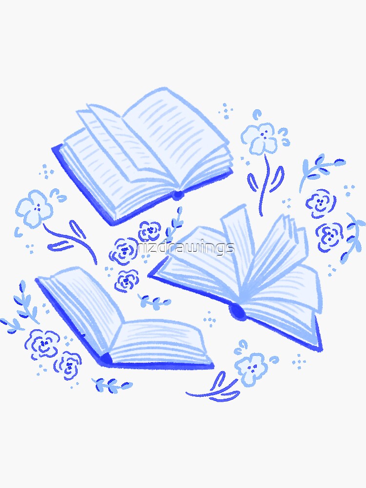 "Blue flying books with flowers" Sticker by rizdrawings | Redbubble