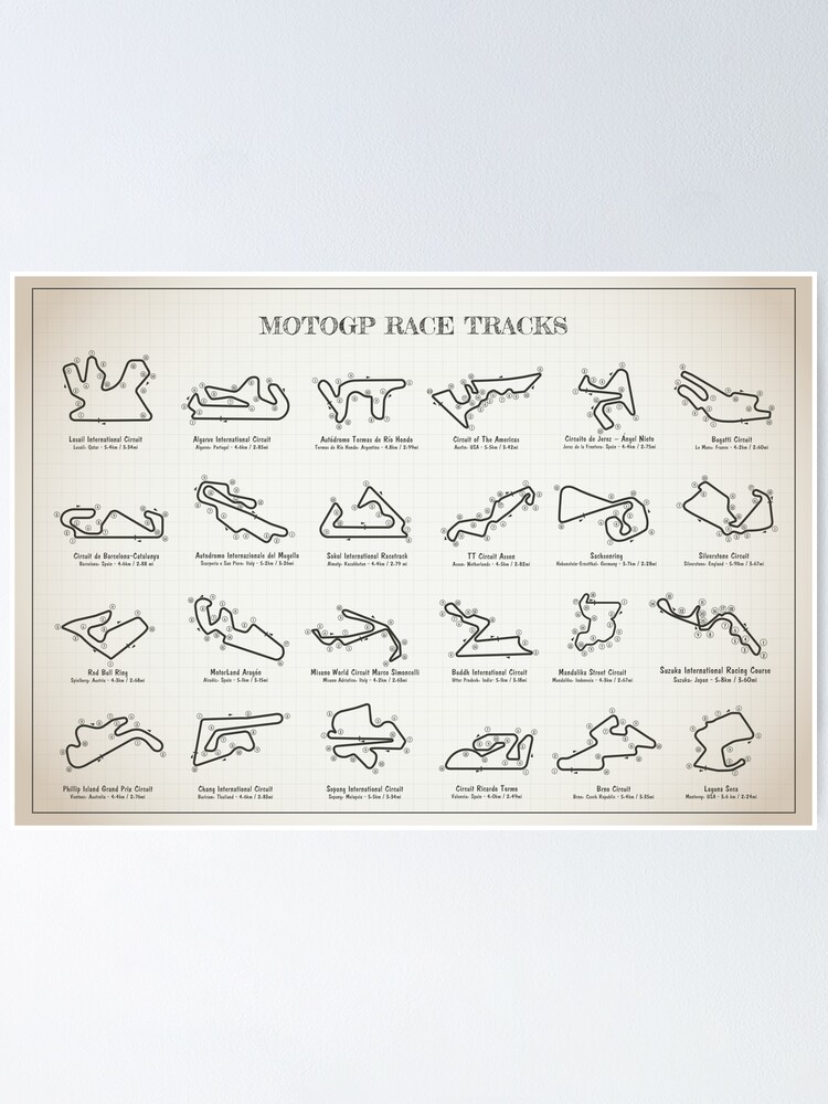 "MotoGP Race Tracks (Blueprint - Light Ivory)" Poster for Sale by ...