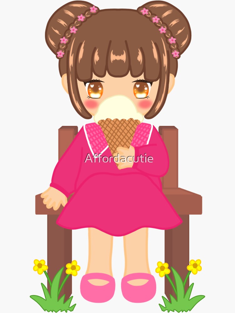 Cute Chibi Anime Girl Eating Vanilla Ice Cream While Sitting On A Bench Sticker For Sale By