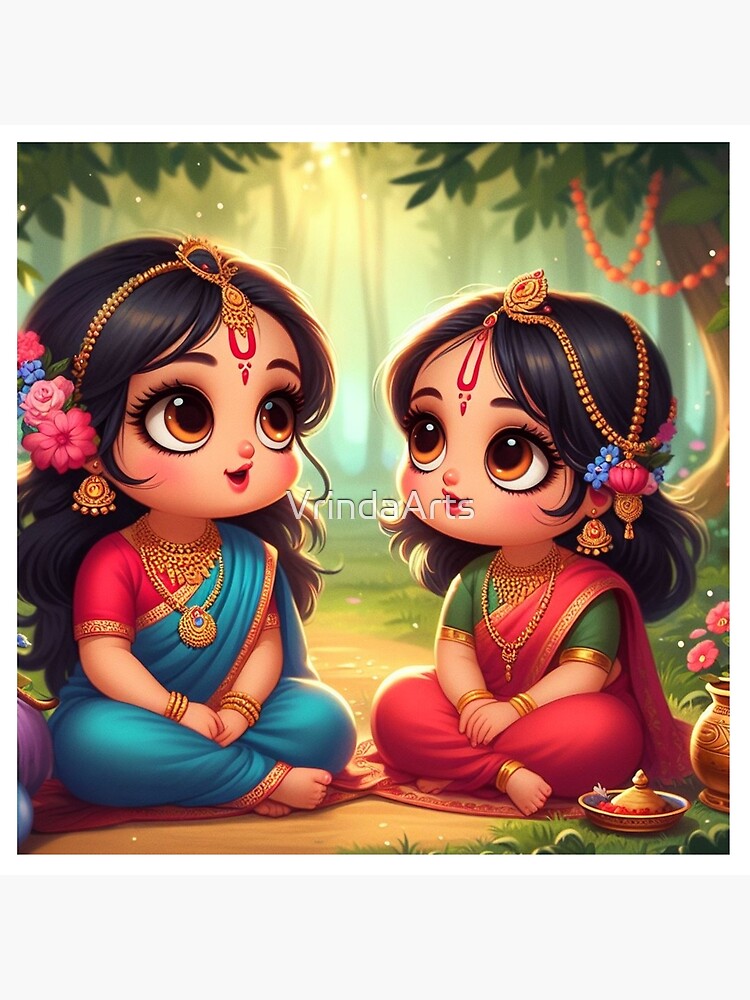 "Cute Baby Radha Rani Talking with Friend in Vrindavan Forest" Art ...