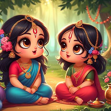 "Cute Baby Radha Rani Talking with Friend in Vrindavan Forest" Art ...