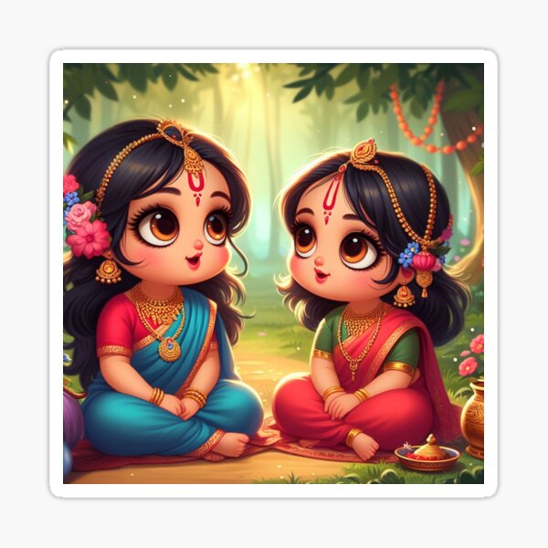 "Cute Baby Radha Rani Talking with Friend in Vrindavan Forest" Sticker ...