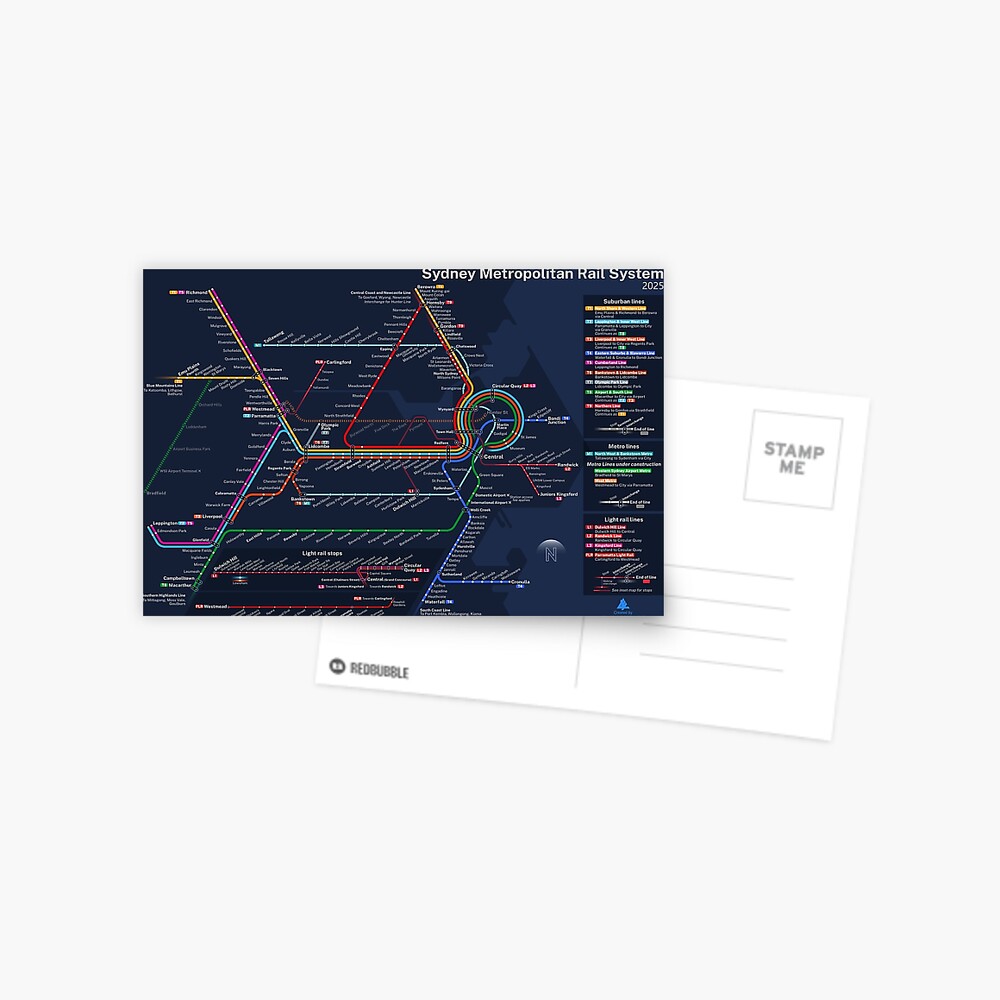 "Sydney Trains, Metro, and Light Rail map - 2025 (Dark theme) " Sticker ...