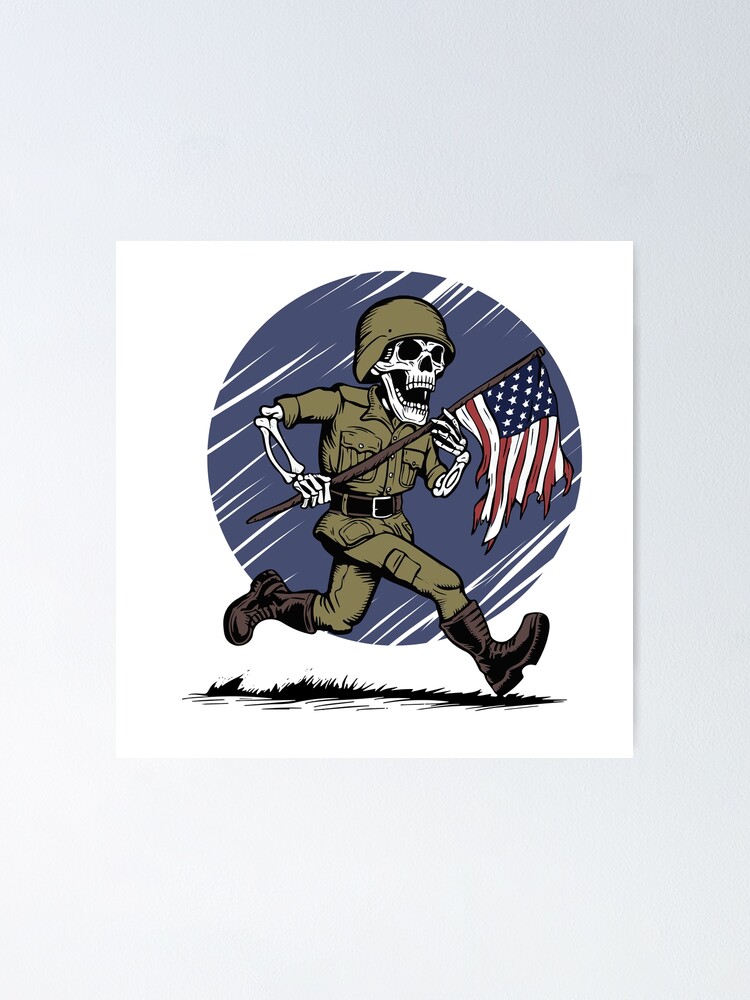 "a skeleton in a military uniform runs with a flag in his hands ...