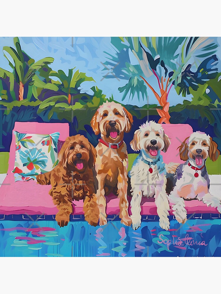 "Golden Doodles at the swimming pool, preppy art" Sticker for Sale by ...