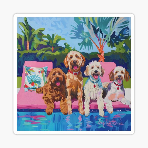"Golden Doodles at the swimming pool, preppy art" Sticker for Sale by ...