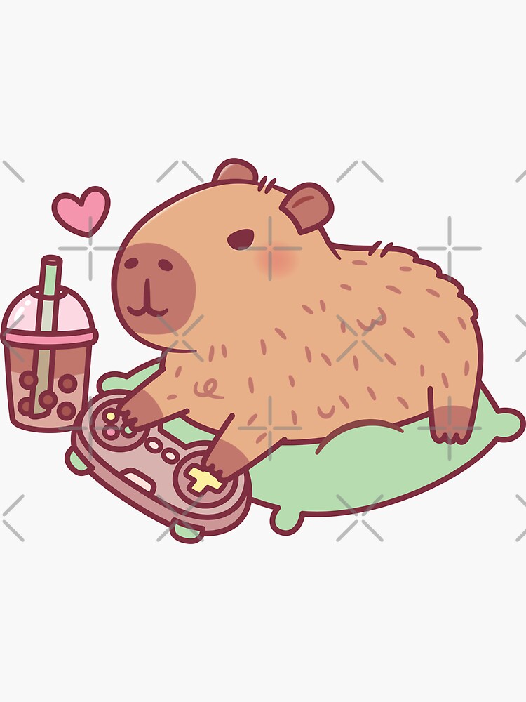 "Cute Capybara Chilling With Video Games And Boba Tea" Sticker for Sale ...