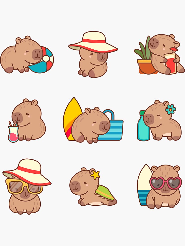 "Cartoon Beach Capybara Pack" Sticker for Sale by OlyaLitvinova | Redbubble