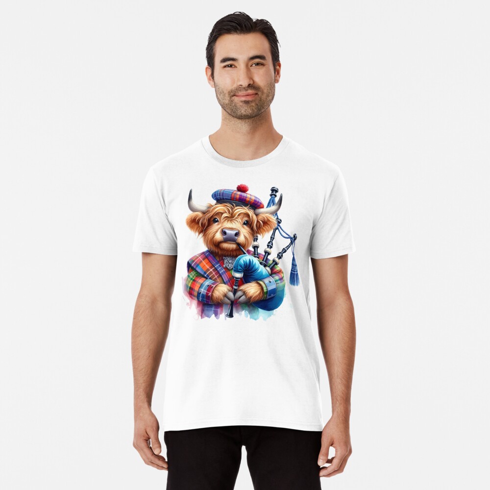 "Cute Scottish Highland Cow Bagpiper Colorful Fun Watercolor" Sticker ...