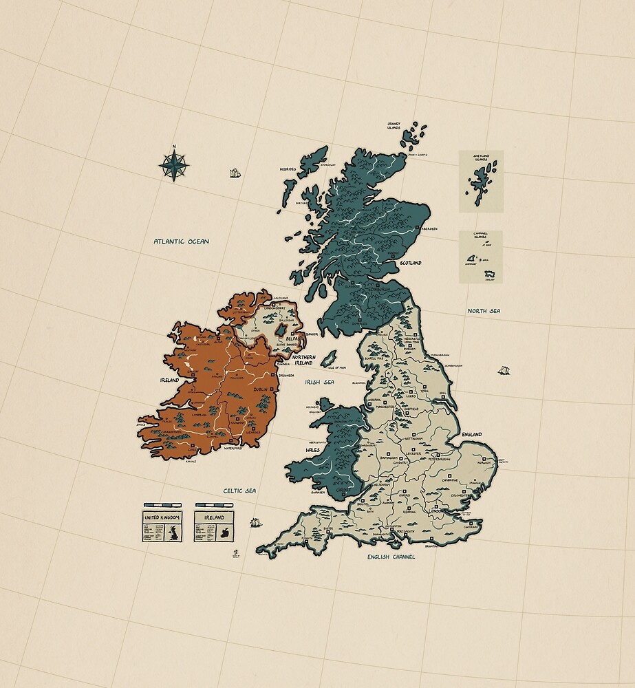 "UK and Ireland Vintage Map - without border" by OneLeggedKiwi | Redbubble