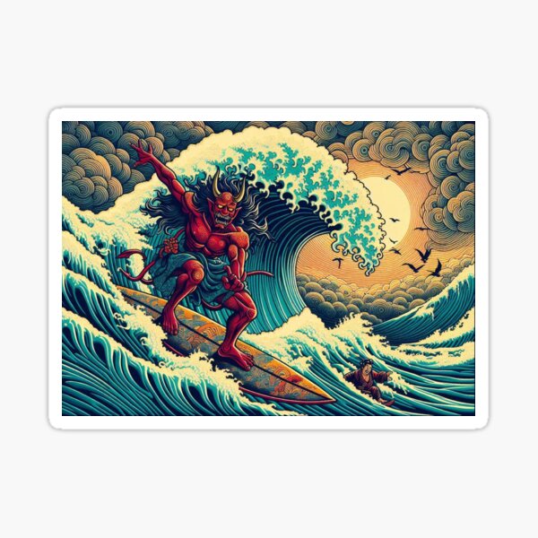 "Surfing Oni on a Tsunami Tidal Wave" Sticker for Sale by DQbd | Redbubble