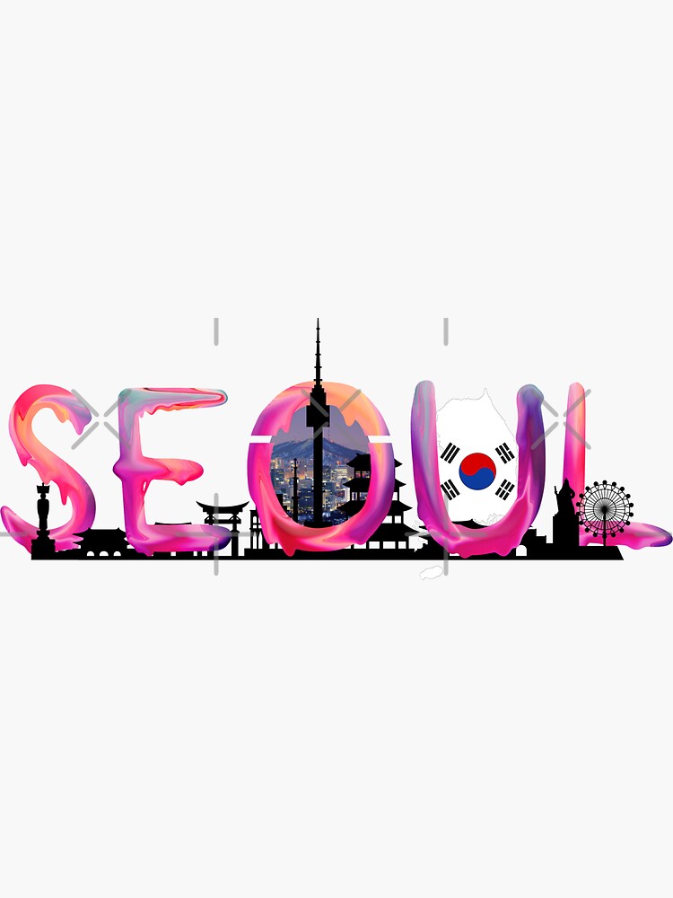 "Seoul Skyline - watercolor Letter Art with Landmarks " Sticker for ...