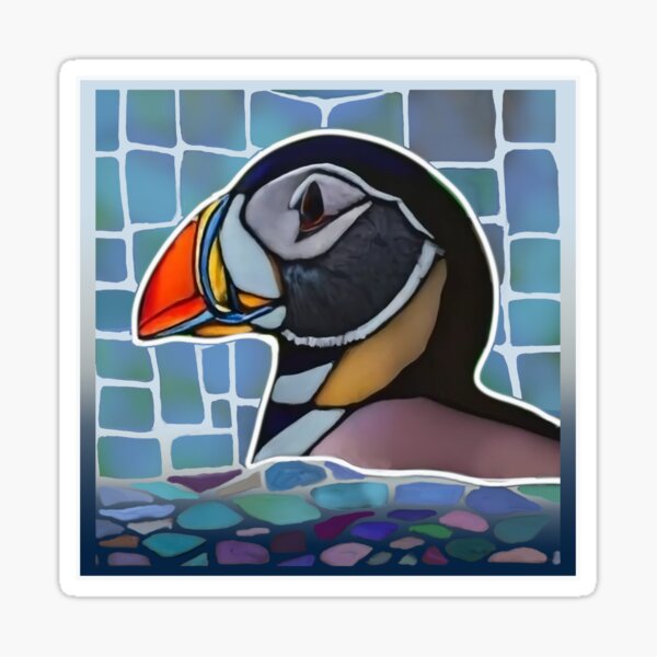 "Puffin batik style stained glass window design" Sticker for Sale by ...