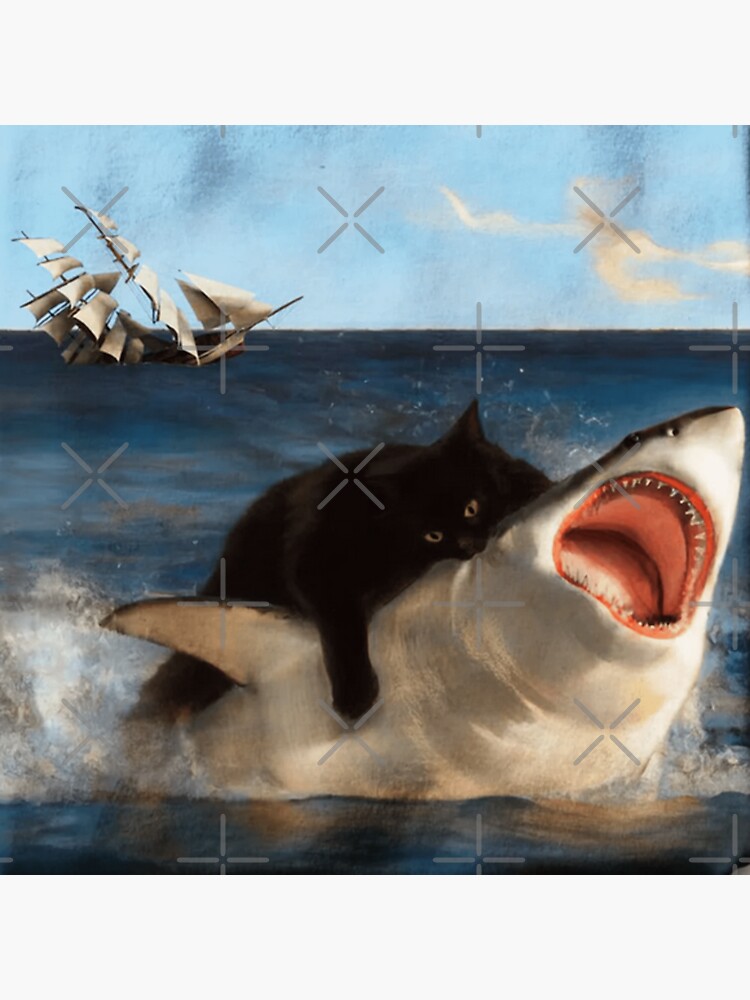 "Black Kitty Attacking Great White Shark" Sticker for Sale by WigOutlet ...