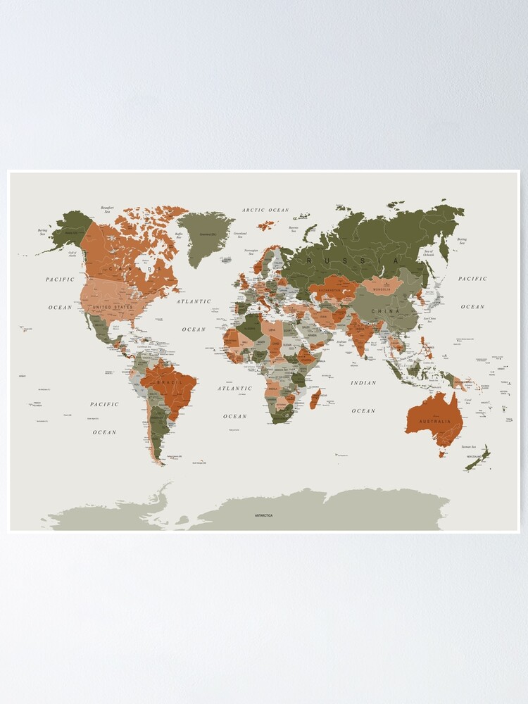 "World Map in Olive Green and Burnt Orange" Poster for Sale by ...